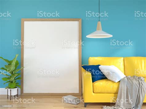 밝은 배경 3d 렌더링 3d 그림에 격리된 일부 나무가 있는 거실의 소파 뒤에 있는 나무 바닥의 현대적인 인테리어에 있는 포스터 프레임의 모형 0명에 대한 스톡 사진 및