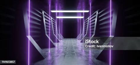 네온 퍼플 블루 빛나는 미래의 현대 공상 과학 Fi 콘크리트 복도 복도 터널 창 고 지 하 차고 그 후 어두운 빈 반사 쇼케이스 무대 레이저 우주선 3d 렌더링 0명에 대한