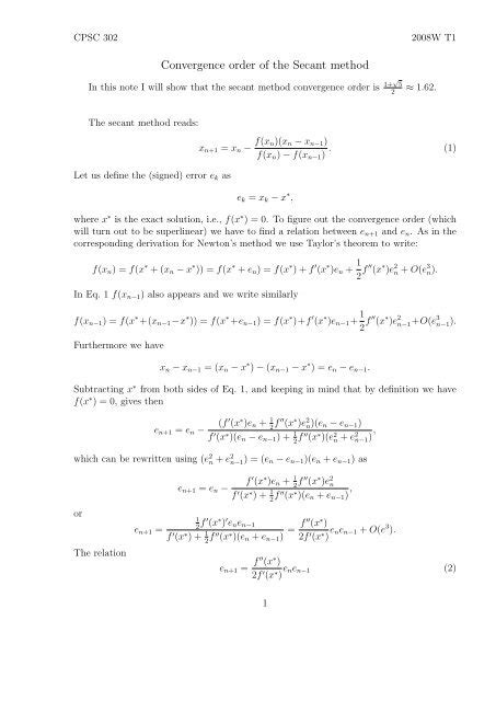 Convergence Order Of The Secant Method Ugrad Cs Ubc Ca