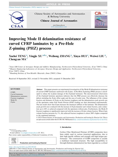 Pdf Improving Mode Ii Delamination Resistance Of Curved Cfrp Laminates By A Pre Hole Z Pinning