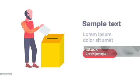 선거 일 개념 캐주얼 남자 유권자가 투표 전체 길이 평면 수평 복사 공간 흰색 배경 동안 상자에 종이 투표 지 목록을 넣어 Referendum에 대한 스톡 벡터 아트 및