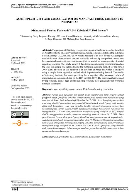 Pdf Asset Specificity And Conservatism On Manufacturing Company In