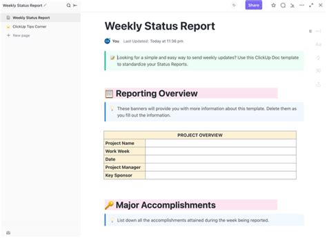 weekly status report template by clickup™