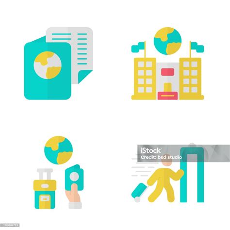 이민 플랫 디자인 긴 그림자 색상 아이콘 세트 영사관 건물 여행 서류 보안 검사 여행 장비 난민 이민자 해외 여행 벡터 실루엣 일러스트레이션 개념에 대한 스톡 벡터 아트 및