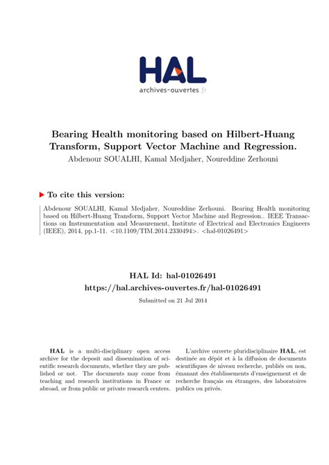 Pdf Bearing Health Monitoring Based On Hilbert Huang Transform Support Vector Machine And