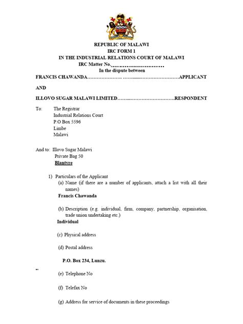 Francis Chawanda V Illovo Sugar Malawi Limited Irc Form 1 And Statement Of Claim Download