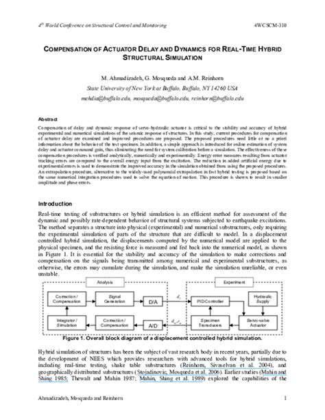 Pdf Compensation Of Actuator Delay And Dynamics For Real Time Hybrid Structural Simulation