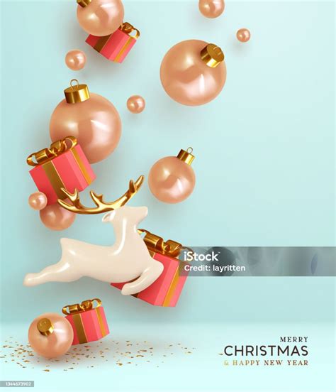 메리 크리스마스와 새해 복 많은 새해 현실적인 축제 선물 상자와 배경 아름다운 흰 사슴의 도자기 인형 Xmas 베이지 색 Bauble 공 렌더링 3d 개체의 휴일 컴