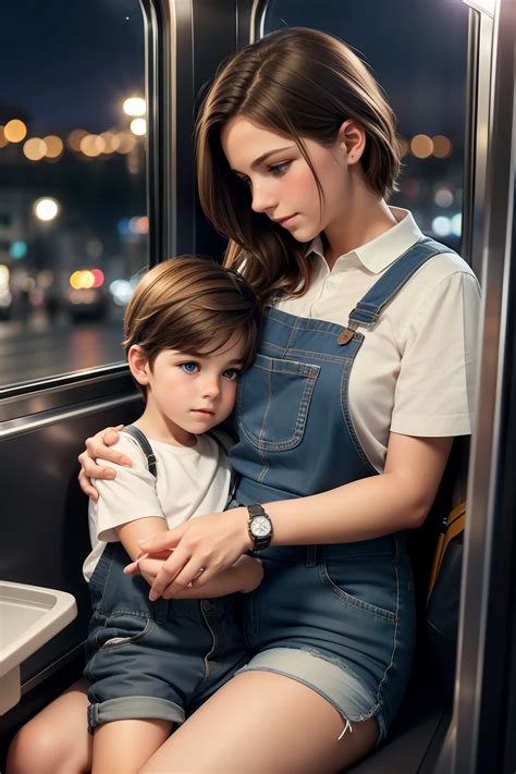 Little Boy Sitting On His Moms Lap Using Her Phone Shorts Overall