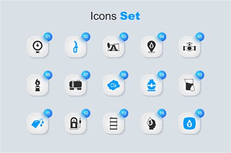 달러 기호 철도 수조 가솔린 펌프 노즐 모터 기계 오일용 캐니스터 휘발유 시험관 모터 가스 게이지 및 Co2 배출 구름 아이콘이 있는 오일 드롭을 설정합니다 벡터 0명에