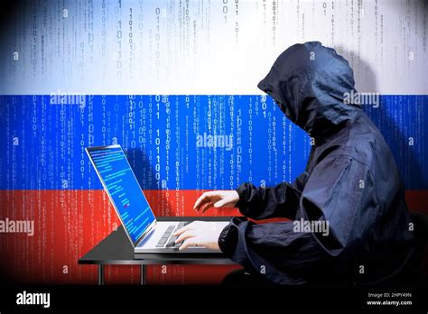 Anonymous Hooded Hacker Flag Of Russia Binary Code Cyber Attack