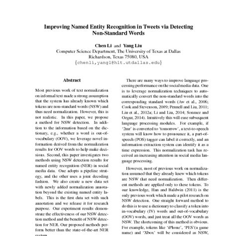 Improving Named Entity Recognition In Tweets Via Detecting Non Standard Words Acl Anthology