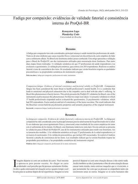 Pdf Compassion Fatigue Evidence Of Internal Consistency And Factorial Validity In Proqol Br