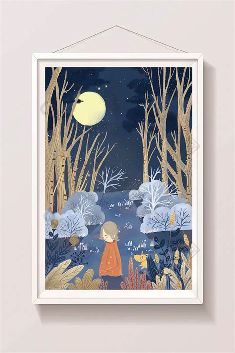 森林红衣少女月光下散步插画图片 包图网