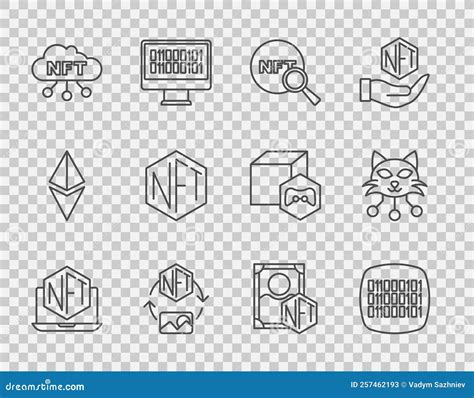Set Line Laptop With Art Store App Binary Code Search Nft Digital Crypto Cloud And Icon