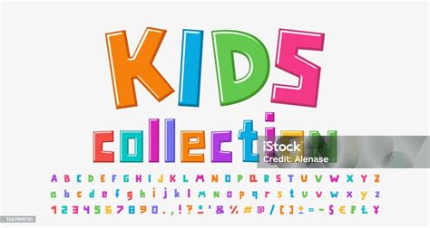 여러 가지 빛깔의 아이 알파벳 사각형 모양 글꼴 무지개 밝은 색상 흰색에 격리 된 만화 서체 대문자 및 소문자 숫자 문장 부호 벡터 일러스트레이션 0명에 대한 스톡 벡터