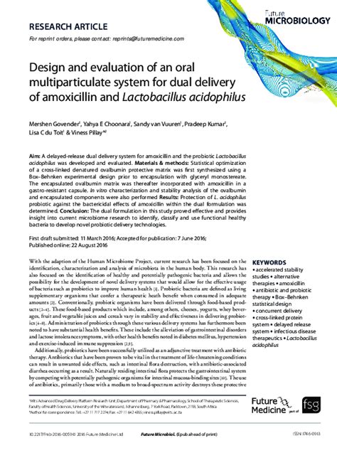 Pdf Dual Delivery System For Amoxicillin And Probiotics