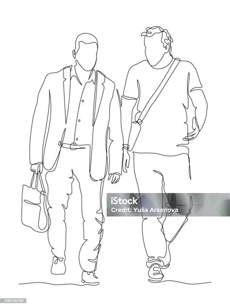 걷는 2 명의 남자 왼쪽은 양복을 입고 노트북 가방을 들고 있습니다 연속 선 그리기 흑인과 백인 벡터 일러스트 레이 션 라인 아트 스타일 2명에 대한 스톡 벡터 아트 및