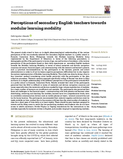 Pdf Perceptions Of Secondary English Teachers Towards Modular Learning Modality