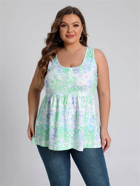 Plus Size Floral Print Peplum Tank Tops Womens Plus Medium Stretch Sexy Tank Tops Clothing