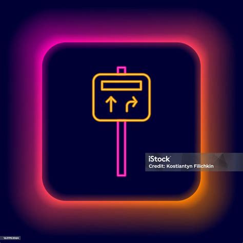 빛나는 네온 라인 도로 교통 표지판 검은 색 배경에 격리 된 표지판 아이콘 포인터 기호입니다 거리 정보 표지판 방향 기호입니다 다채로운 개요 개념 벡터 개념에 대한 스톡