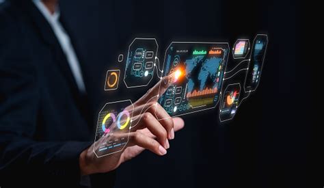 사람은 미래 지향적인 환경에서 데이터 및 분석을 보여주는 디지털 홀로그램 디스플레이와 상호 작용합니다 가상현실에 대한 스톡 사진 및 기타 이미지 Istock