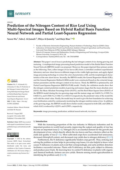 Pdf Prediction Of The Nitrogen Content Of Rice Leaf Using Multi