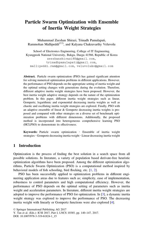 Pdf Particle Swarm Optimization With Ensemble Of Inertia Weight