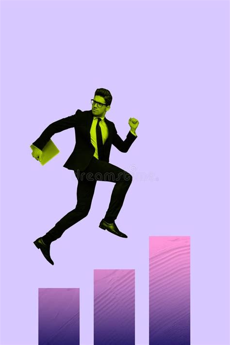 Exclusive Image Vertical Photo Collage Of Serious Businessman Run Chart