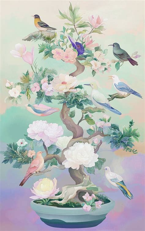 다양한 꽃과 새 모양의 분재를 그린 파스텔 색의 그림