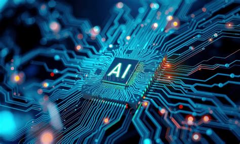 Close Up Of Glowing Ai Chip On Circuit Board Showcasing Intricate Blue Circuitry And Digital