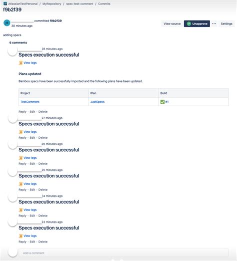 bamboo is leaving a comment on bitbucket cloud repository a specs scan was successful on