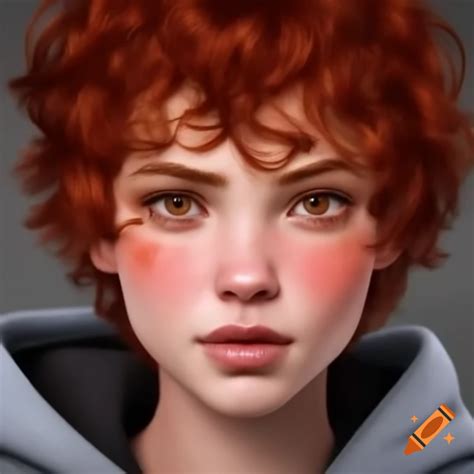 Older Woman With Auburn Curly Hair Blue Eyes And Earrings On Craiyon