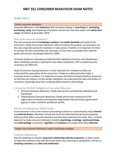 Mkt 351 Exam Notes Mkt351 Consumer Behaviour Suss Thinkswap