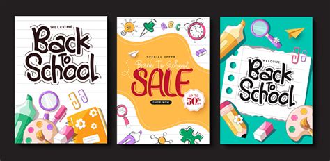 학교 인사말 클립 아트 포스터 세트 디자인에 오신 것을 환영합니다 학교 판매로 돌아 가기 및 인사말 텍스트 클립 아트 화려한 배경에 50퍼센트에 대한 스톡 벡터 아트 및