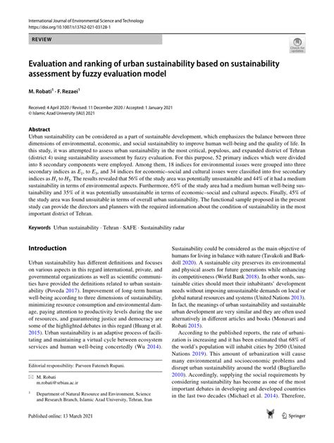 Pdf Evaluation And Ranking Of Urban Sustainability Based On Sustainability Assessment By Fuzzy
