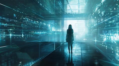 Premium Photo Modern Tech Background With Woman In Dark Room And Lights