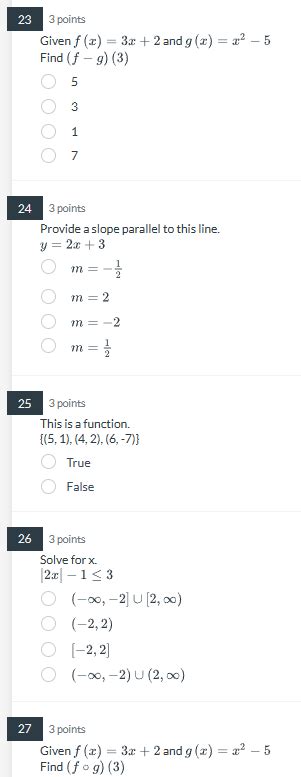 solved given f x 3x 2 and g x x2−5 find f−g 3 5 3 1 7