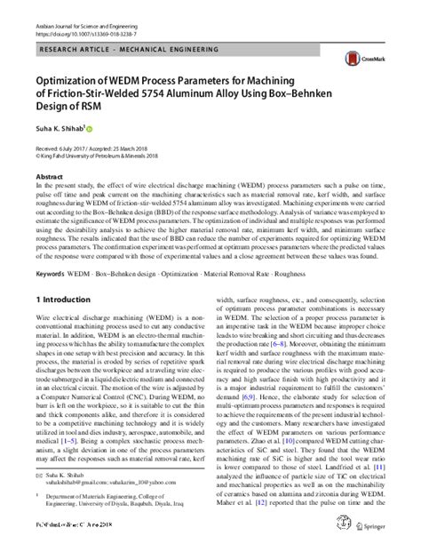 Pdf Optimization Of Wedm Process Parameters For Machining Of Friction Stir Welded 5754