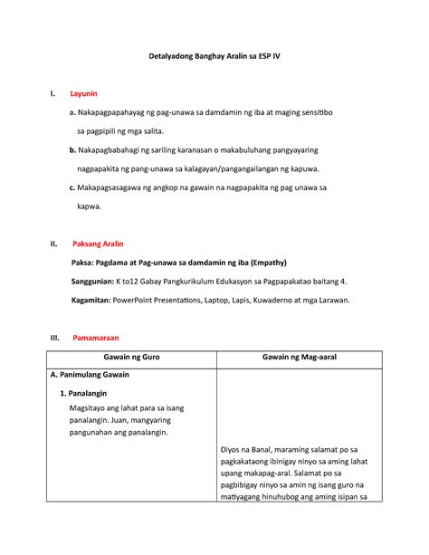 Lesson Plan In Values Education Detalyadong Banghay Aralin Sa Esp Iv