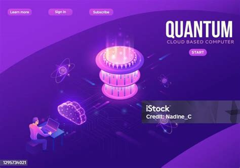 양자 컴퓨터 미래 프로세서 네트워크가있는 칩 사람들은 노트북에서 작업 등색 벡터 일러스트레이션 빛나는 보라색 디자인 혁신 클라우드 컴퓨팅 기술 등측투영법에 대한 스톡 벡터