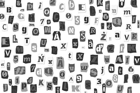 흑백 몸값 콜라주 스타일 문자 숫자 및 구두점은 신문과 잡지 배경에서 잘라냅니다 빈티지 Abc 펑크 알파벳 벡터 그림 뇌물에 대한 스톡 벡터 아트 및 기타 이미지 Istock