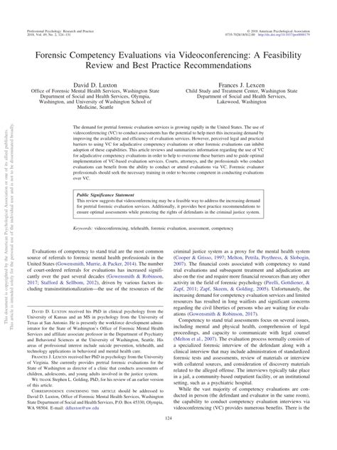 PDF Forensic Competency Evaluations Via Videoconferencing A Feasibility Review And Best