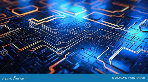 A Closeup Of A Computer Circuit Board With Blue And Orange Light Stock Illustration
