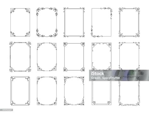 빈티지 프레임 장식적이고 꽃 같은 요소가있는 추상적 인 배너 청첩장 또는 엽서를위한 고전적인 서예 사각형 프레임 벡터 장식 꽃 테두리 세트 프레임에 대한 스톡 벡터 아트 및