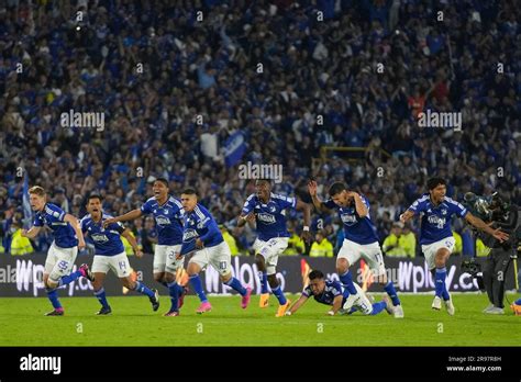 Millonarios Players Celebrate After Their Goalkeeper Alvaro Montero