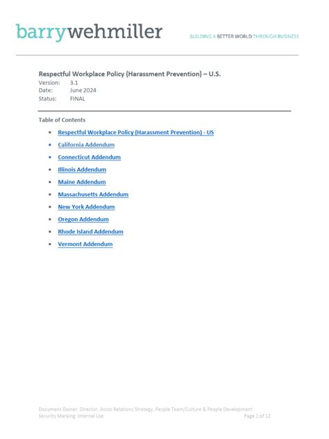 Respectful Workplace Policy Harassment Prevention Us Pdf