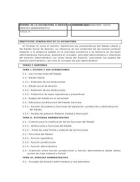 Derecho Administrativo C I C L O 4 C L A V E D E L A A S I G N A T U R A L D 4 1 4 O B J E