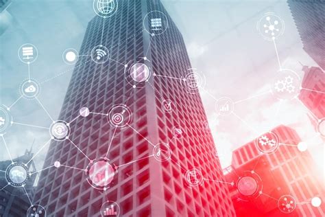 사무실 건물 Iot 현대 기술 개념이 있는 스마트 시티 및 무선 통신 네트워크 비즈니스 지구 프리미엄 사진