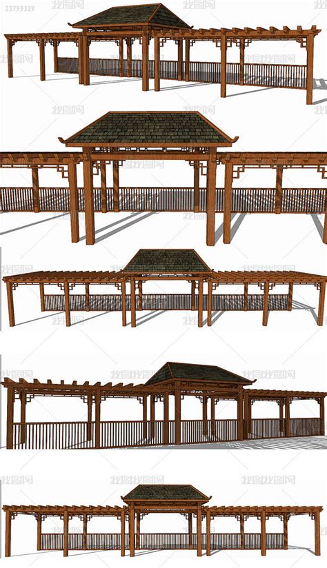 新中式亭廊廊架su模型